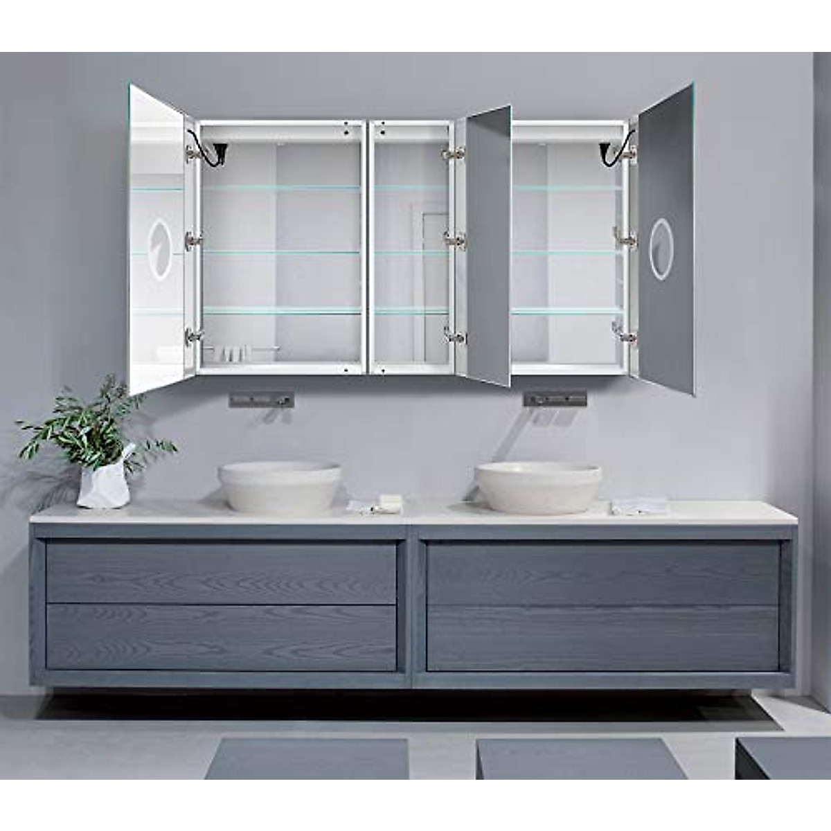 Krugg Large LED Medicine Cabinets with Defogger, Dimmer, 3X Makeup Mirror, Outlet & USB (60 x 36 Left Right Right)