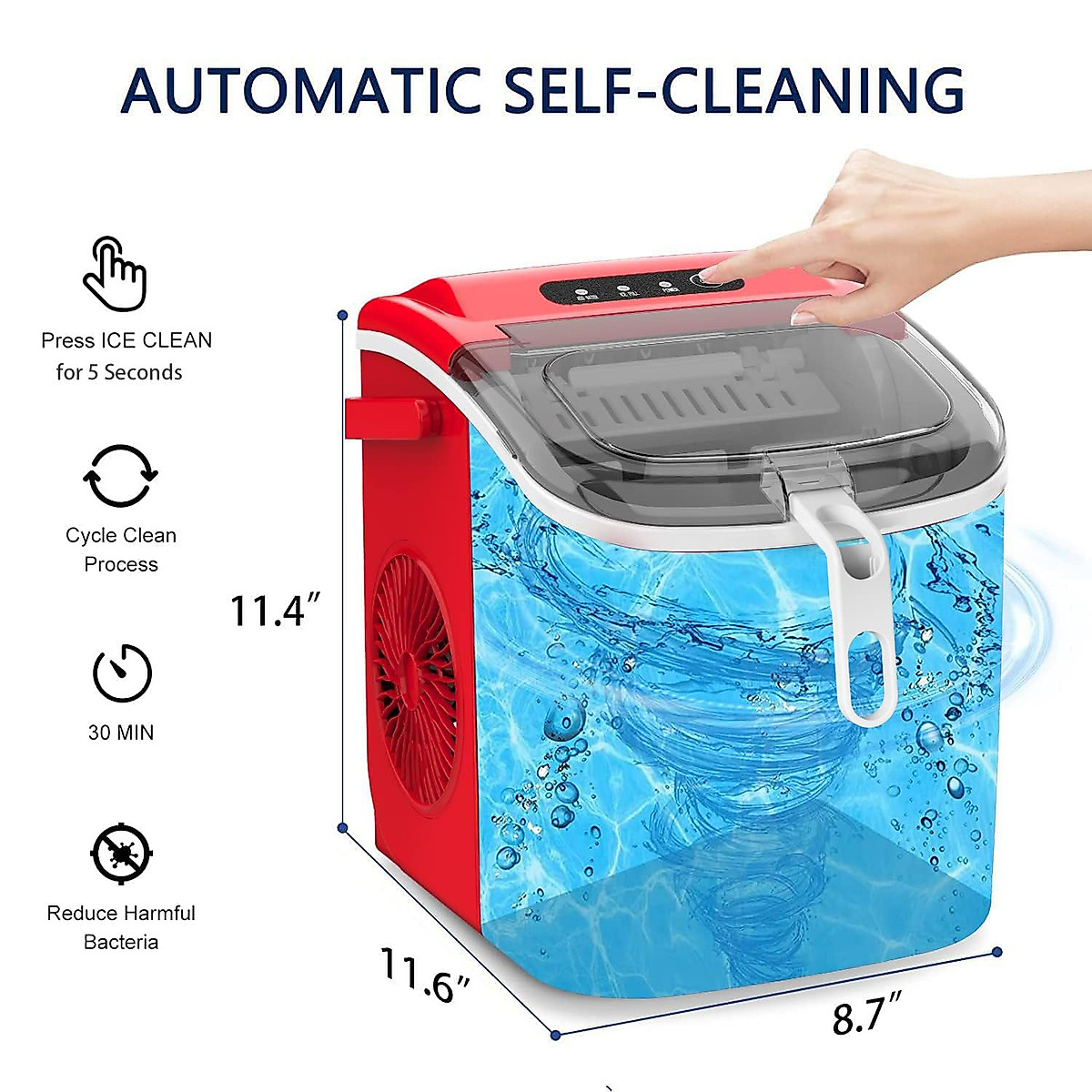 Joy Pebble Ice Maker Countertop with Handle, Self-Cleaning Portable Ice Machine with Basket and Scoop, 9 Cubes in 6 Mins, 26Lbs/24H Handheld Ice Maker for Home/Kitchen/Office/Party (Red)