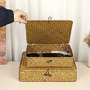 BTSKY Set of 2 Wicker Basket With Lids Flat Woven Storage Bins for Shelf Natural Seagrass Storage Baskets with Lids Home Utility Organizer Box for Home & Office Supplies, Caramel (Large+Small)