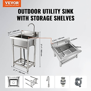 VEVOR Stainless Steel Utility Sink, 1 Compartment Free Standing Small Sink Include Faucet & legs, 16 x 13 x 8.7 in Commercial Single Bowl Sinks for Garage, Restaurant, Kitchen, Laundry, NSF Certified