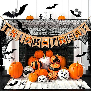 Halloween Banner for Mantle - Happy Halloween Garland Banner Burlap Trick or Treat Banner Hanging Decor for Fireplace Home Halloween Party Decorations