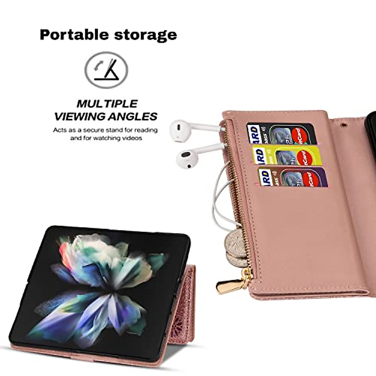 lefeda Wallet Case for Samsung Galaxy Z Fold 5, Sparkle Glitter PU Leather Phone Cover with Zipper Purse Card Slot and Wrist Strap Case for Women Girls,Gold