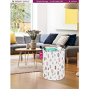 INGHUA Laundry Hamper Large Canvas Fabric Lightweight Storage Basket/Toy Organizer/Dirty Clothes Collapsible Waterproof for College Dorms, Boys and Girls Bedroom,Bathroom(Pink pine tree)