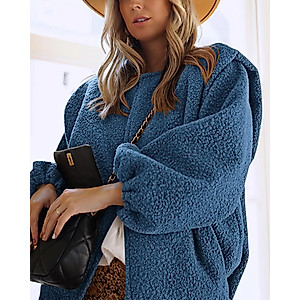 KIRUNDO Women's 2024 Fall Winter Sherpa Fleece Jacket Faux Wool Embedded Lantern Sleeve Casual Loose Outwear With Pockets(Blue, Small)