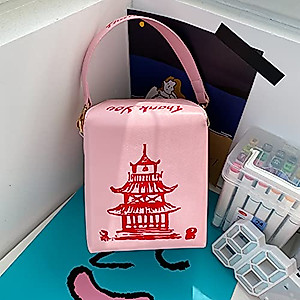 Ondeam Tower Print Crossbody Shoulder Bag,Pu Chinese Takeout Box Totes Purse for Women(Pink)