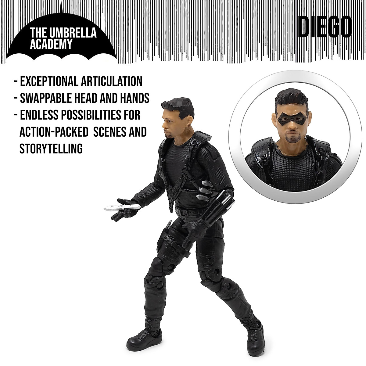Boss Fight Studio Umbrella Academy Diego Hargreeves, Number Two Action Figure – H.A.C.K.S., Highly Articulated Collectible & Customizable Figurine with Interchangeable Parts & Accessories – 1:18