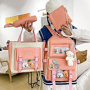 AG AGUU Kawaii Backpack with Pendants and Pins Accessories 4Pcs Sets Rucksack Bag for Women Aesthetic Canvas Daypacks(Pink)