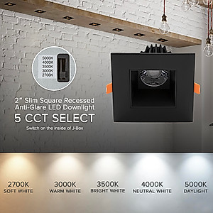 Maxxima 2 in. Ultra-Thin Square Recessed Anti-Glare LED Downlight, Canless IC Rated, 450 Lumens, 5 Color Temperature Selectable 2700K/3000K/3500K/4000K/5000K, Dimmable, Black Trim, 90 CRI, J-Box Incl