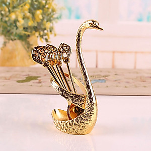 Coffee Dessert Spoon Set, Metal Swan Base Holder Spoon Organizer with 6 Spoons, Creative Dinnerware Set Decorative Swan Shaped Style Holder (Gold (A))