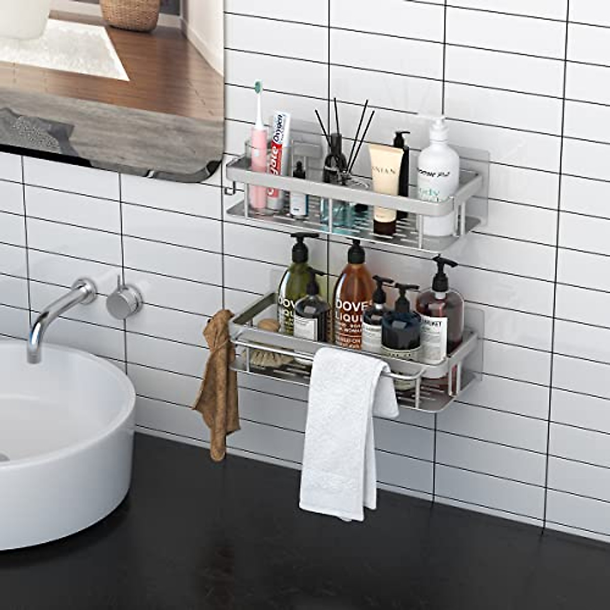 yolid Shower Caddy Adhesive Shower Organizer with Towel Rack and 4 Hooks, Rustproof Shower Shelves Rack for Shampoo Conditioner Bathroom Inside Shower Storage 2 Pack