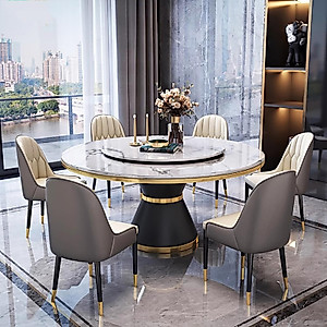 Topjia Round Marble Dining Table with Lazy Susan,Luxury Style Kitchen & Dining Room Tables with Metal Base,Modern Circular Pedestal Dining Table - Table Only(59" L x 59" W x 29.5" H, Black)