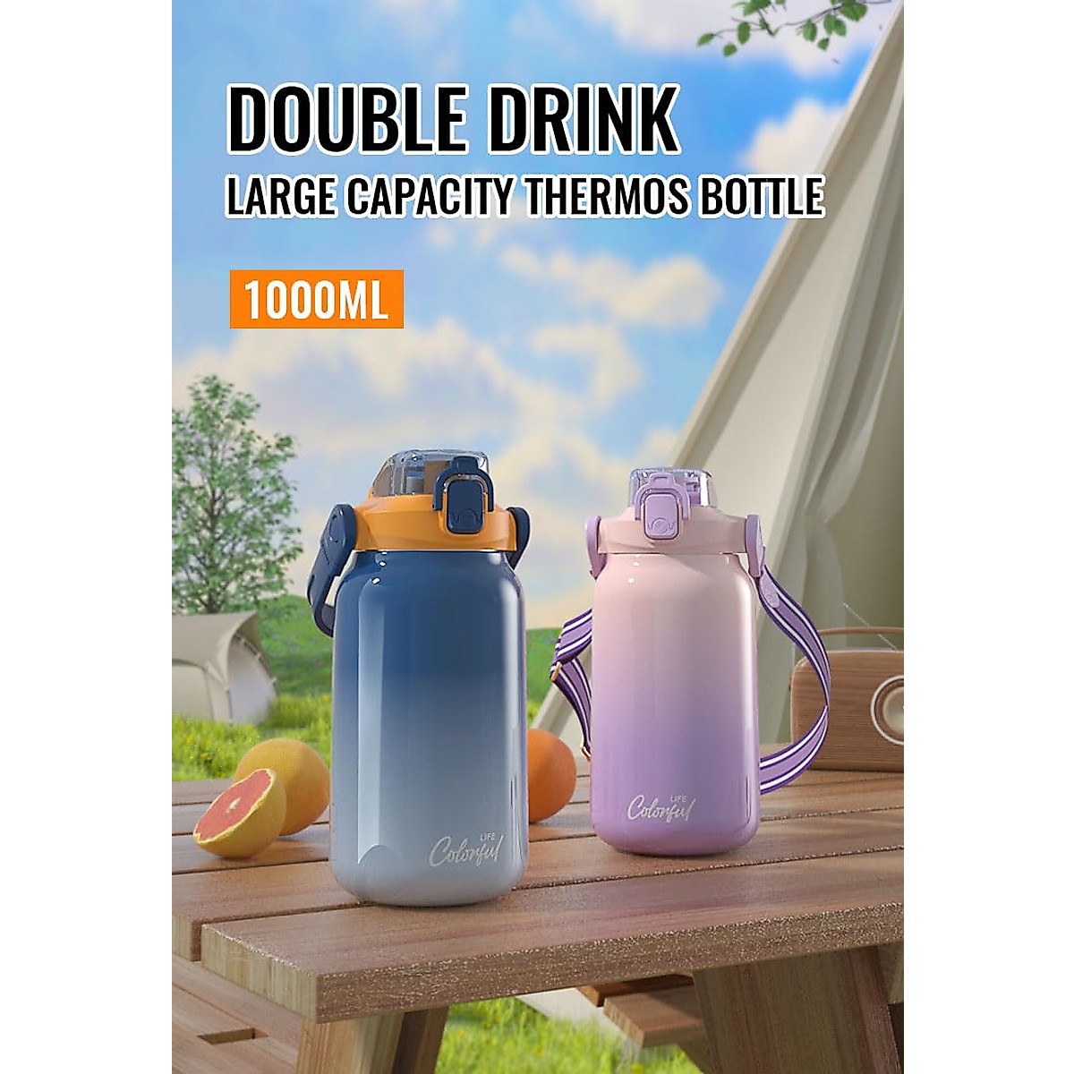 Colorful Insulated Multi-Use Water Bottle Playmaker Sport Jug Handle/Carry Strap & Leak Resistant 32oz BPA Free Straw & Wide Mouth Covered Lid Flask Gym Travel Sports Daily Use School