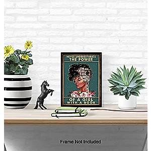 African American Classroom Decor - LARGE 11x14 - Never Underestimate a Girl With a Book Wall Art - African American Girl, Women - Inspirational Motivational Poster - Positive Quotes - Black Art