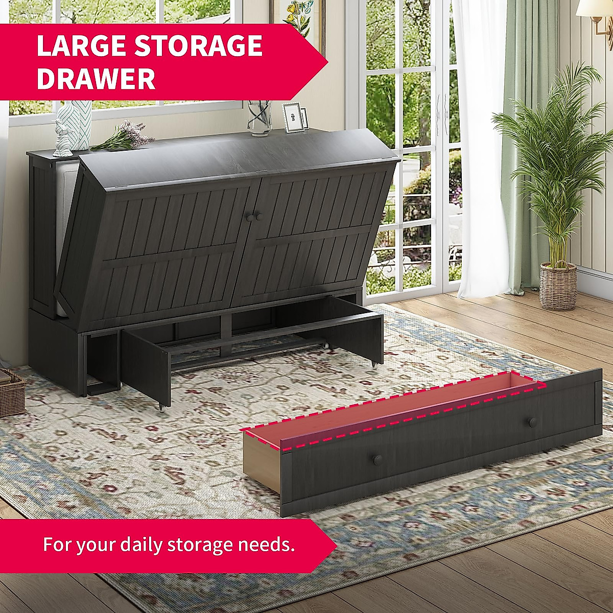 MUZZ Murphy Bed, Queen Size Cabinet Bed with Folding Foam Mattress, Foldable Space-Saving Cube Murphy Bed with Charging Station and Large Storage Drawer (Grey)