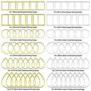 120Pcs Earring Hoop Jewelry Making 3 Shapes Earring Finding Hoop Hypoallergenic Teardrop Square Round Circle Hoop Earring Bulk Open Bezel Pendant Frame for DIY Earring Making Supplies(Gold Silver)