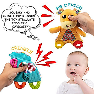 teytoy 2 Pcs Crinkle Toys for Baby with Teether, Baby Teething Sensory Toys Newborn Bib Saliva Soother Towel, Soft Snuggle Sleeping Security Blanket for Unisex Babies 0-36 Months Gifts(Owl and Deer)