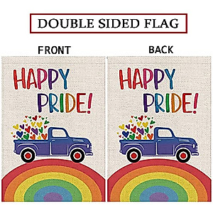 Rainbow Garden Flag Rainbow Truck Vertical Double Sided Happy Pride Flag LGBT Lesbian Gay Transgender Pansexual Flag Farmhouse Yard Outdoor Lawn Decoration 12.5 x 18 Inch