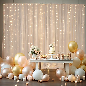 10×10ft Champagne Tulle Backdrop Curtain with Lights String for Parites, Sheer Curtain Backdrop Drapes for Wedding Party Home Decorations
