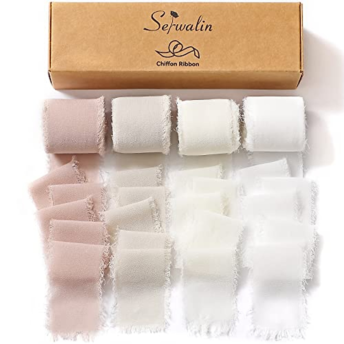 Serwalin 4 Rolls Handmade Fringe Chiffon Silk Ribbon 1.5" x 7Yd Gauze Frayed Edges Nude & White Ribbons Set 28 Yards for Gift Wrapping, Wedding Invitations, Bridal Bouquets,DIY Crafts Decor