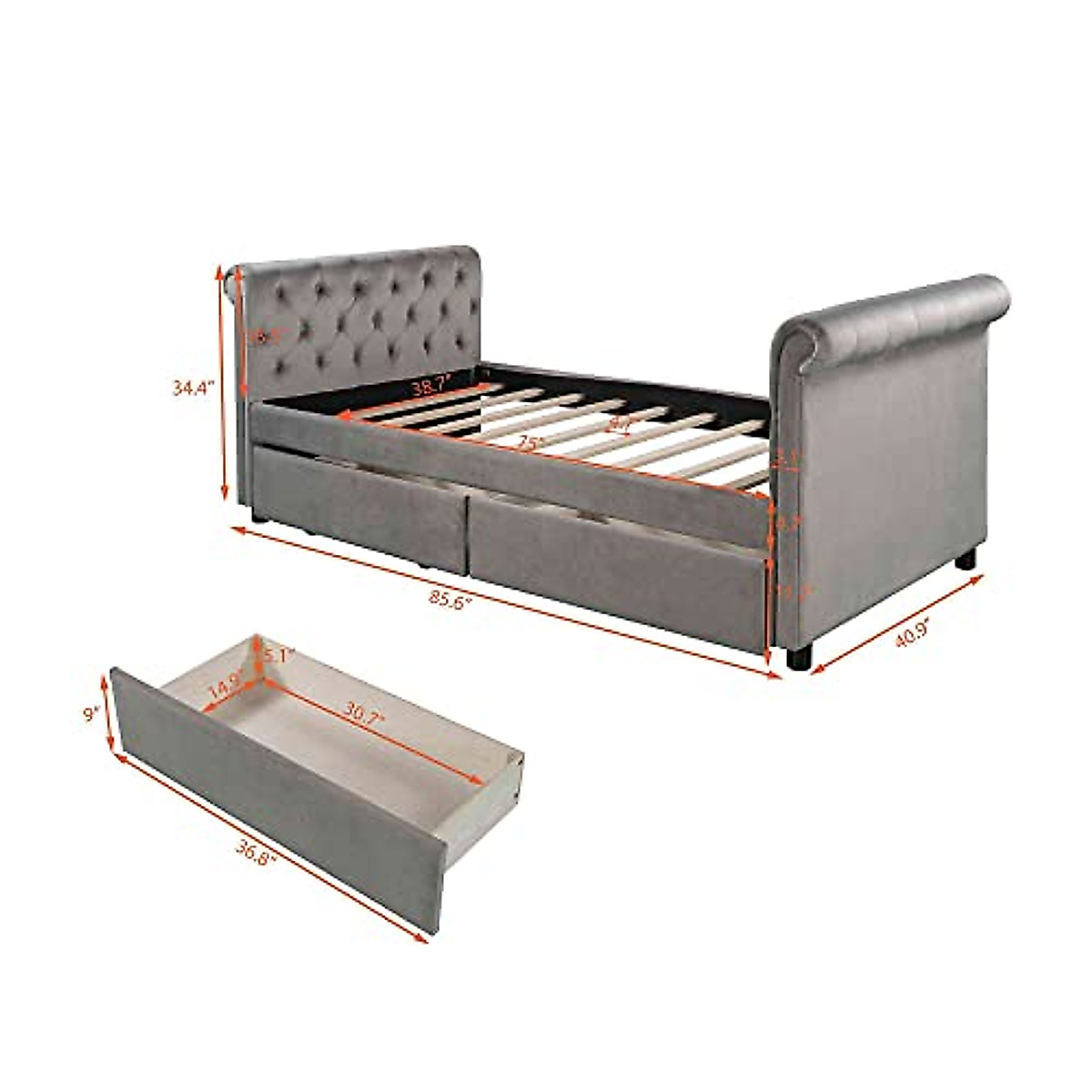 ATY Twin Size Daybed with Two Storage Drawers, Upholstered Sofa Bed Bedframe w/Wood Slat Support, No Box Spring Needed, for Bedroom, Guestroom, Save Space, Gray