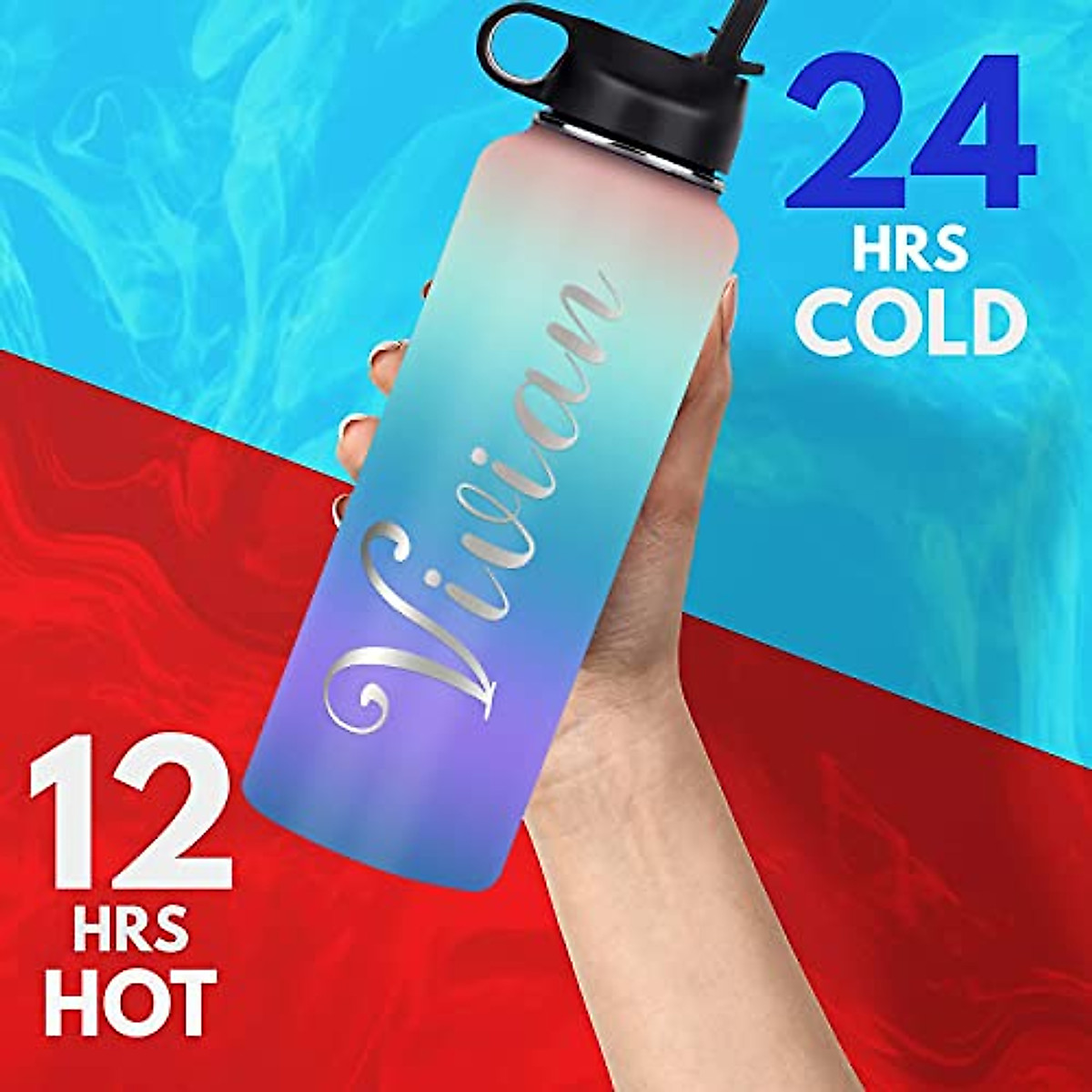 Personalized Water Bottles for Kids, Gradient 18oz Custom Name Stainless Steel Sports Water Bottle with Straw-Double Wall Insulated Gift Cup for Girls Boys Women Men School Sports