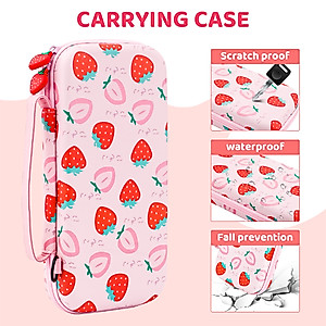 FANPL Carrying Case for Nintendo Switch and Switch OLED Accessories, Pink Strawberry Travel Case Bundle with Adjustable Shoulder Strap, Thumb Grips, Hard Switch Protective Case Cover Anti-scratch