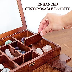 Mooncraftlogy Adjustable Rock Display Case, Rock Collection Box with Shelves, Pine Wood Crystal Organizer for Stones Storage,Gem Holder with Lid for Seashell, Jewelry, Collectibles (Brown)
