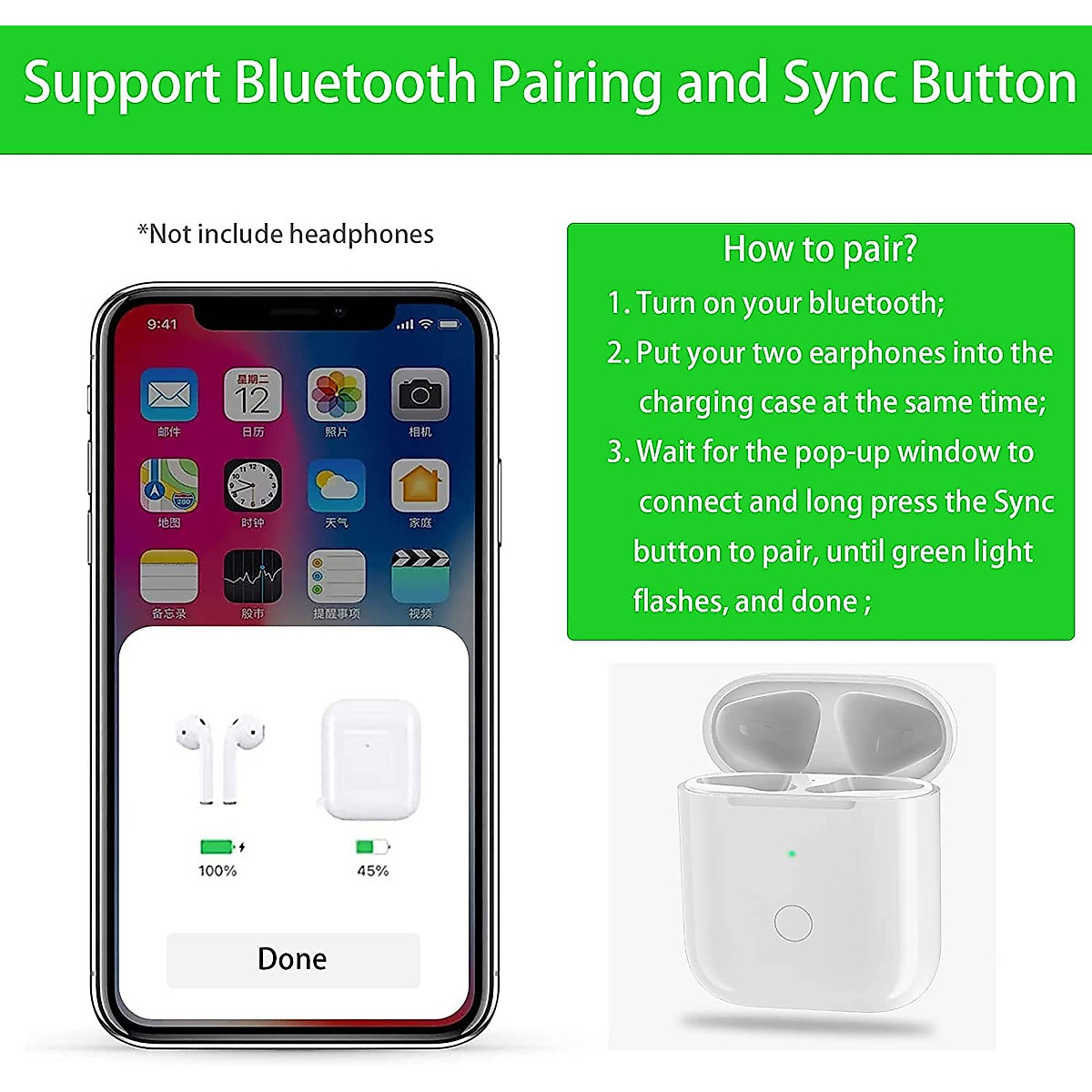 Wireless Charging Case Replacement Compatible with Airpods 1 & 2 Generation, Charger Cases Only for Air pods 1 2 Gen with Quick-Pairing Sync Button, 450mAh, NO Earbuds, Standard(White)