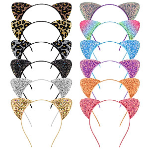FRCOLOR Cat Ears Headband, Glitter Sequin Ear Headbands Metal Hair Hoops for Daily Party, 12Pack