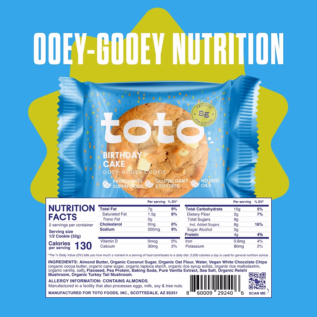 Toto Vegan Cookies, Birthday Cake Cookie, High Fiber Snacks, Gluten Free Cookies, Plant Based Snacks with Superfoods & Adaptogens, 8gr Protein Cookies, Pack of 10 Individually Wrapped Cookies