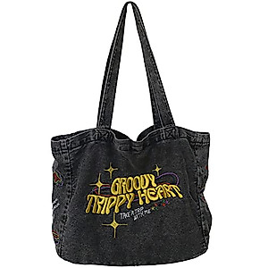Embroidered Canvas Tote Bag, Denim Shoulder Bag With Zipper, Large Capacity Wallet, Denim Canvas Tote Bag (Black)