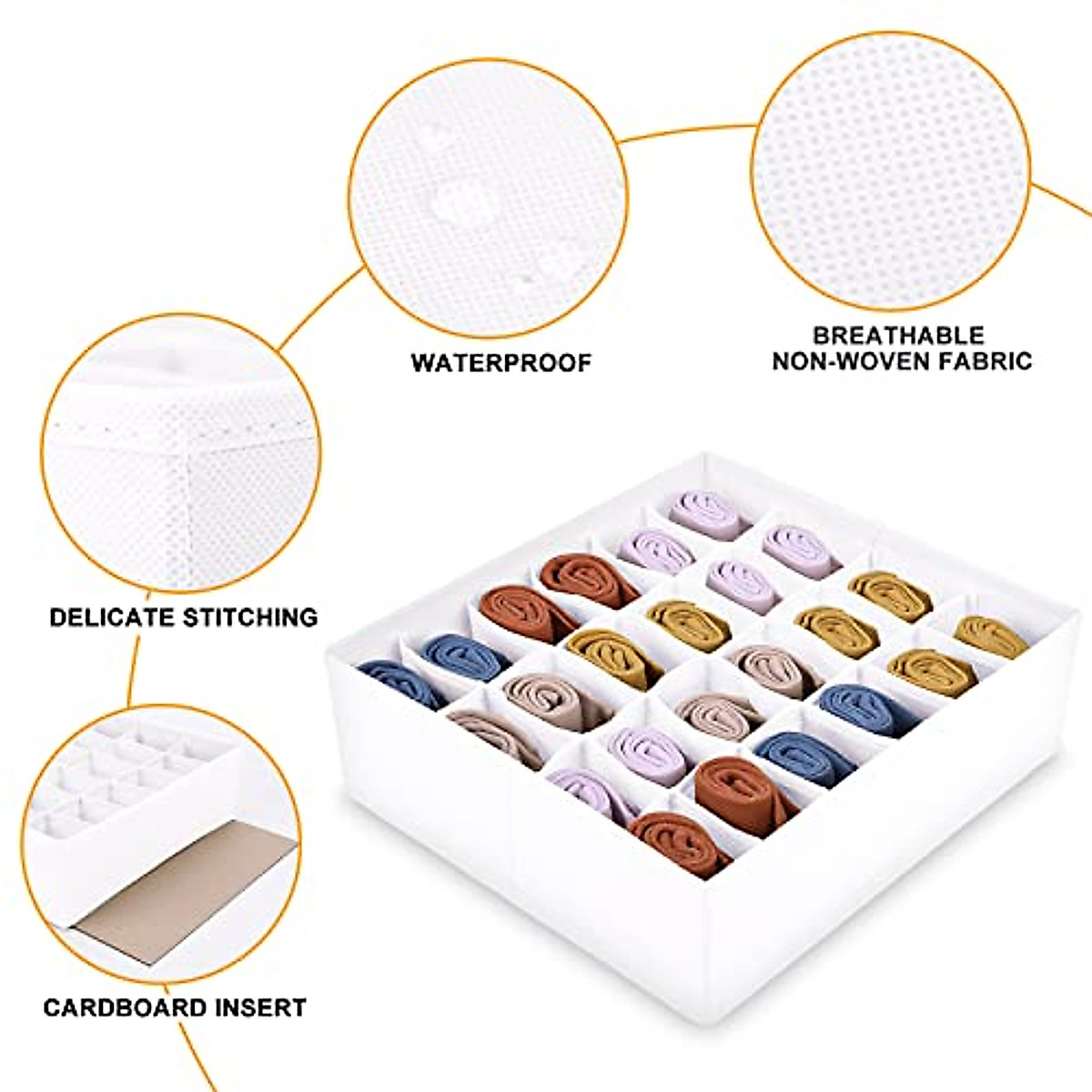 AzxecVcer 4 Set Sock Underwear Organizer,45 Cell Foldable Washable Odorless Fabric Drawer Organizers Storage Divider for Clothing, Baby Clothes, Bra, Panty, Socks, Scarf, Ties (White)