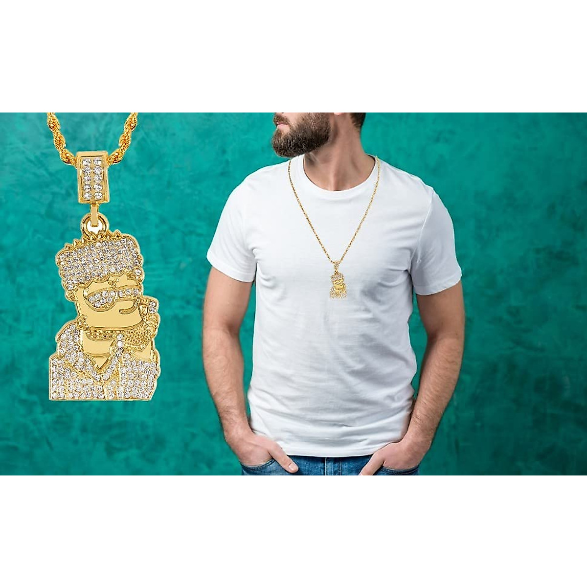 putouzip Bart Chain Necklace 18K Gold Plated Fully Iced Out Zircon Stainless Steel Pendant For Men Gift(Gold)