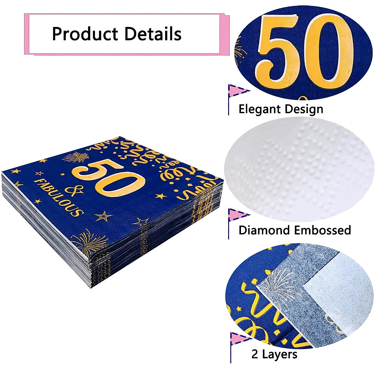 32PCS50th Birthday Happy Napkin 50th Anniversary Wedding Commemorative Napkin Blue 50th Birthday Table Decoration Party Supplies Blue Cocktail Napkin