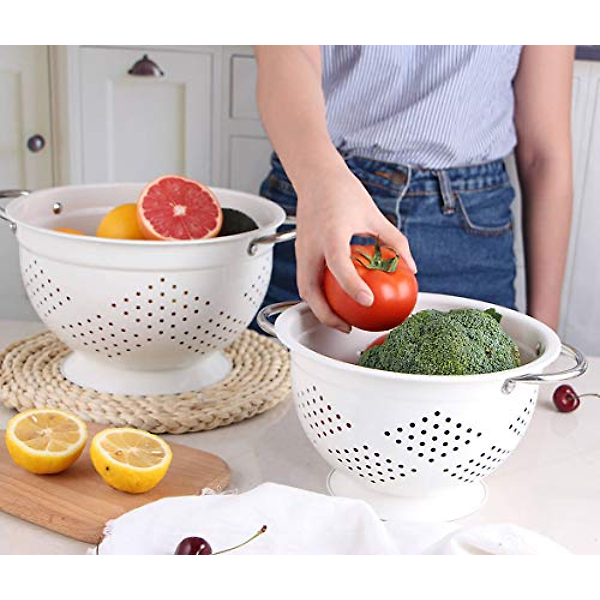 Rorence Powder Coated Steel Colander Set of 2 - White
