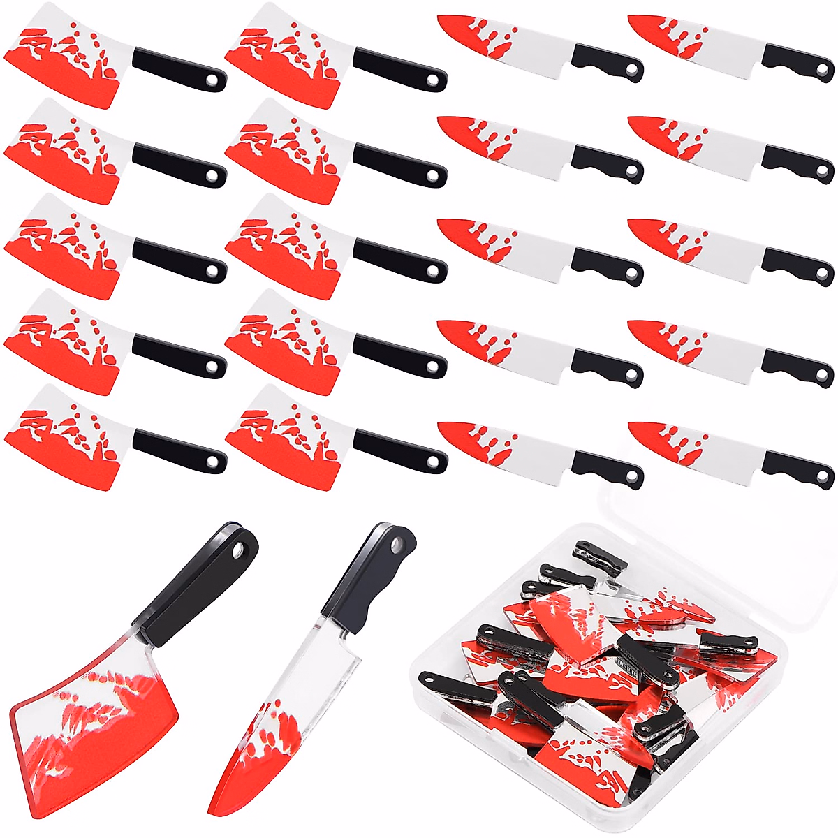 MIKIMIQI 20 Pcs Fake Knife Charms, Halloween Pendant Mini Acrylic Knives Beads for Women DIY Jewelry Making Crafting Halloween Charms with Box, 2 Styles