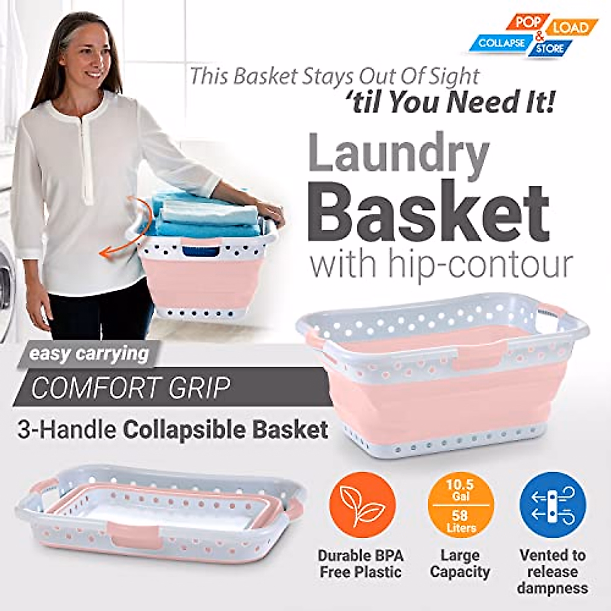 Pop & Load Collapse & Store 1 Large 25" Slim Collapsible Plastic Laundry Basket, Space Saving Portable Pop Up Storage & Organization Basket, 3" High When Folded, 3 Comfort Grip Handles, Blush Pink