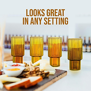 American Atelier Vintage Art Deco Fluted Drinking Glasses | Ribbed Glassware for Cocktail, Gin, Whiskey, & More | Modern Glassware | Lowball Fluted Cocktail Glasses | Set of 4 (11 oz, Amber)