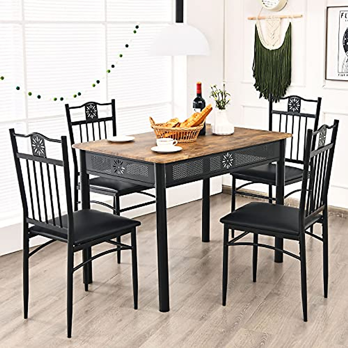 Tangkula 5 Pieces Dining Table and Chairs Set, Vintage Retro Wood Top Metal Frame Padded Seat Dining Table Set Home Kitchen Dining Room Furniture