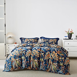 SUSYBAO Aquatic Plant Pattern Duvet Cover King 100% Egyptian Cotton Colorful Botanical Duvet Cover 3 Pcs Set 1 Tropical Leaves Duvet Cover with Zipper Ties 2 Pillowcases Ultra Soft Botanical Bedding