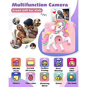 Sueseip Kids Instant Print Camera, 2.4 Inch Screen 1080P Kids Camera for Girls with Flash, Christmas Birthday Gifts for Girls 3 4 5 6 7 8 9 10 Year Old with 3 Rolls of Photo Paper and a 32G Card