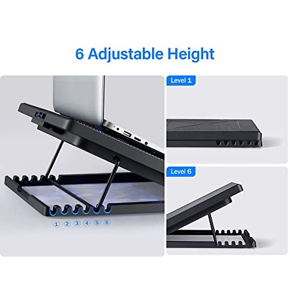 Kootek Laptop Cooling Pad 12"-17" Cooler Pad Chill Mat 5 Quiet Fans LED Lights and 2 USB 2.0 Ports Adjustable Mounts Laptop Stand Height Angle, Blue