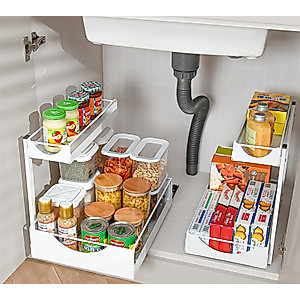 KINGPOUL Under Sink Organizers-2-Tier L-Shape Heavy Duty Metal Smooth Slide Out Pull Out Drawers for Under Cabinet Storage Around Plumbing, Under Kitchen Bathroom Sink Organizers and Storage（White