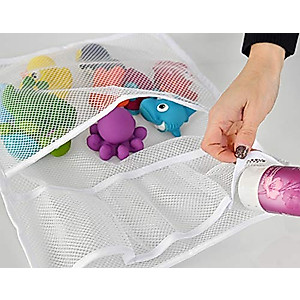 HOME-X Bathtub Toy and Bathroom Mesh Bag with Suction Cup Hooks Organizer, Bathtub Storage, Baby Bath Toy Organization, White-18" L x 12 1/2" W