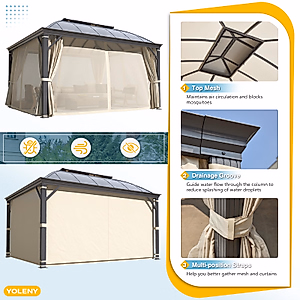 YOLENY 12'x14' Hardtop Gazebo, Permanent Outdoor Aluminum Patio Gazebo with Aluminum Composite Double Arc Roof for Patio Lawn and Garden, Curtains and Netting Included