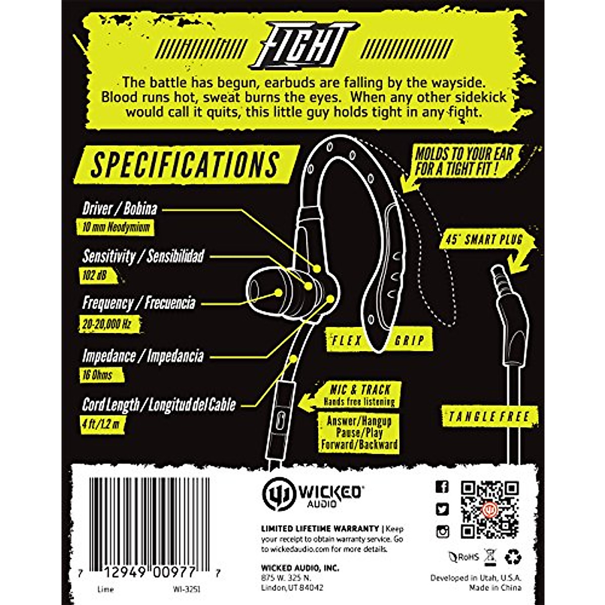 Wicked Audio Fight — Sweat Resistant Earbuds — Earbud Headphones for Exercise — Wired Headphones with Microphone and Track Control, Tangle-Free Cord and Flex Grip — Lime