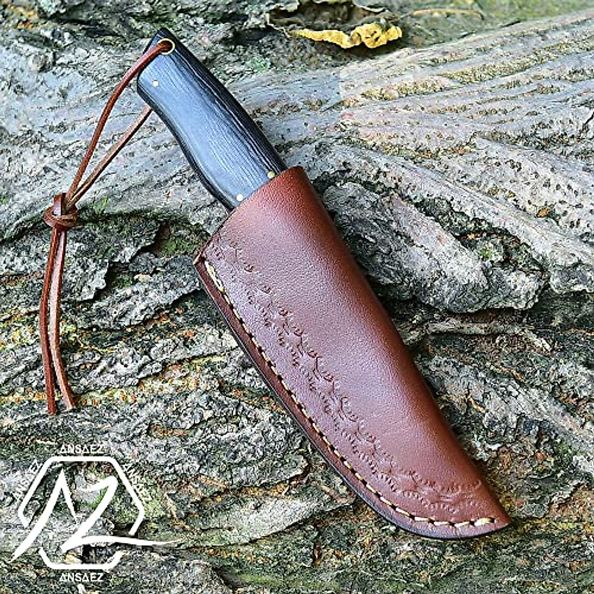 ZEASNA ZE-HK-51 Handmade Carbon Steel hunting knife with Leather Sheath Outdoor Full Tang Fixed blade Bushcraft Knife, survival knife for Hunting Camping Skinning with Wood Handle (Black)