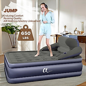 A-ER-FA Queen Air Mattress with Headboard and Cup Holder, Comfort Blow Up Mattress, Inflatable Mattress for Guests and Home, Colchon Inflable, Air Bed