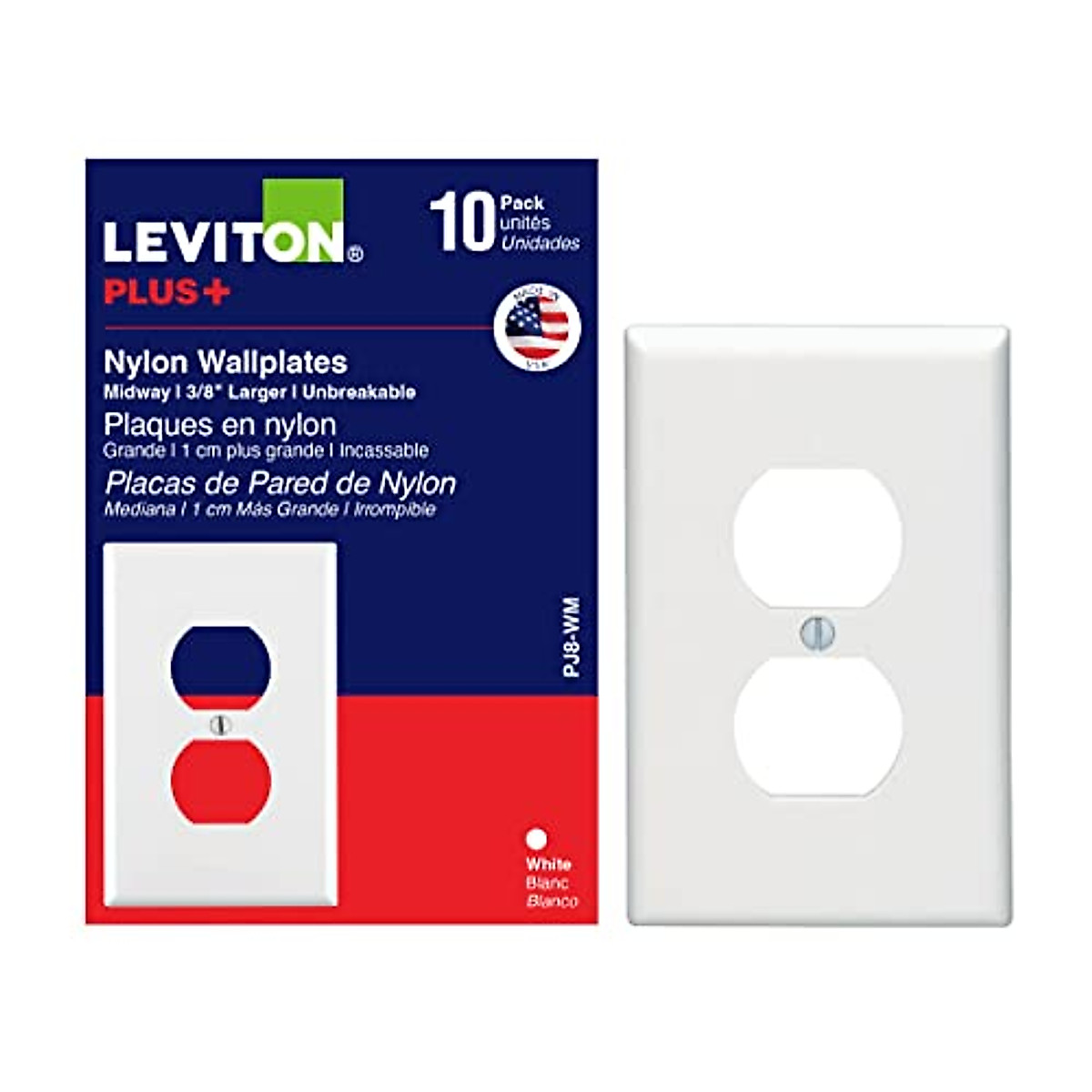 Leviton PJ8-WM 1-Gang Duplex Device Receptacle Wallplate, Midway Size, Thermoplastic Nylon, Device Mount, 10 Pack, White