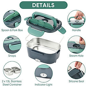 80W Faster Heated Lunch Box for Adults, Electric Lunch Box for Car/Truck/Office, with Dual 1.5L 304 Stainless Steel Food Containers, 0.45L PP Fruit/Snack Container, Fork & Spoon, Insulated Carry Bag